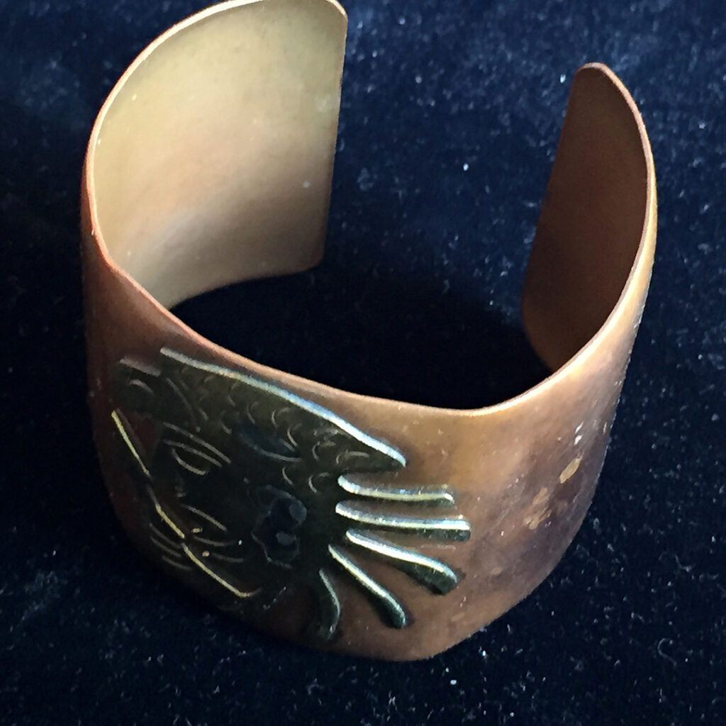 Vintage Mexican Tribal Aztec Copper and Brass Cuff with Abalone Inserts ...