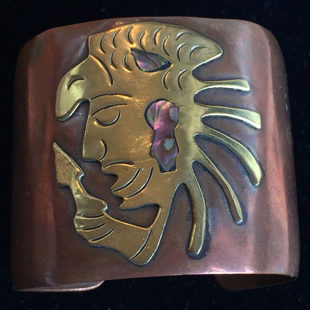 Vintage Mexican Tribal Aztec Copper and Brass Cuff with Abalone Inserts ...
